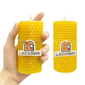 lacaser beeswax pillar candles set of 2, 2"x4" honey candles,unscented & dripless & smokeless,7 hours burn time each, yellow