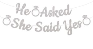 he asked she said yes banner silver glitter, bride to be party decor, wedding engagement bridal shower party decorations