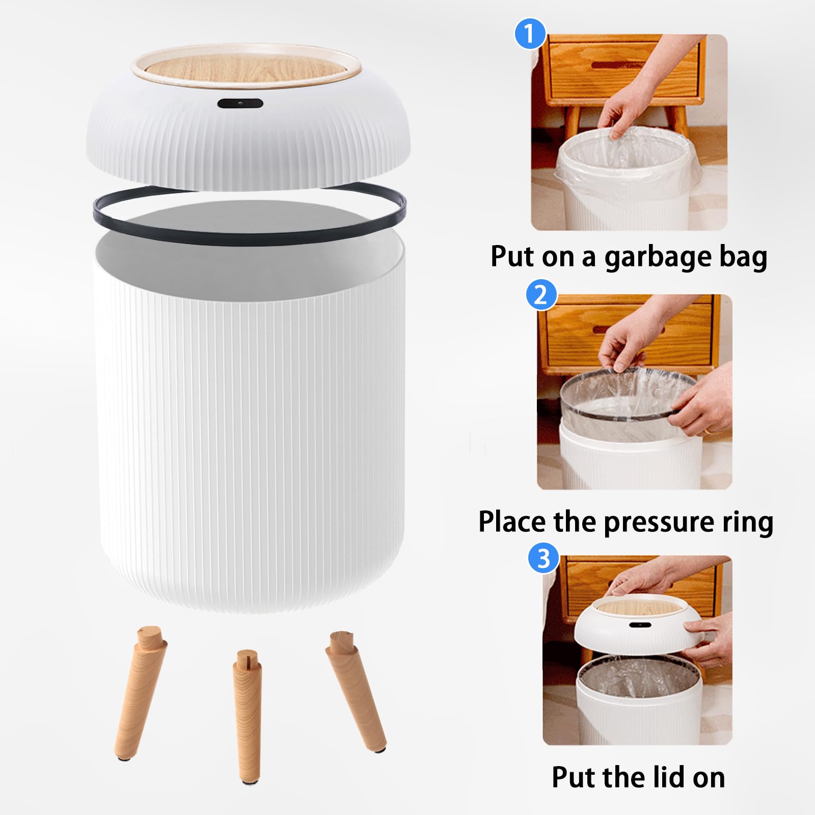 URALFA Motion Sensor Trash Can with Lid, 3 Gallon / 11 L Automatic Bathroom Trash Can, Touchless Trash Bin, Smart Plastic Garbage Can with Removable Legs for Bathroom, Bedroom, Kitchen, Office, White