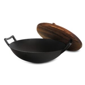 megachef 2 piece 14 inch heavy duty cast iron wok with wood lid