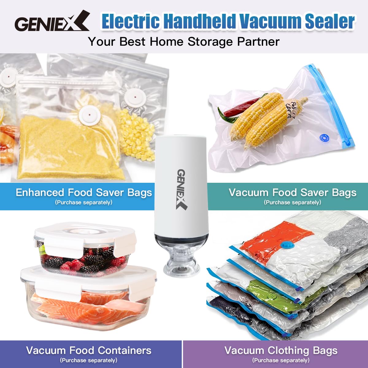 GENIEX Cordless Hand held Vacuum Sealer for Food Storage, Rechargeable Handheld Vacuum Sealer Pump for Food Bags & Containers with Vacuum Seal (Bags and Containers sold separately)