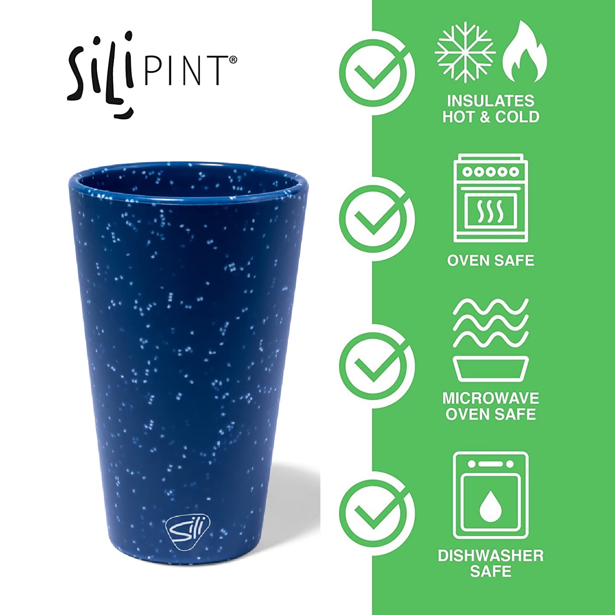 Silipint: Silicone Pint Glasses: 2 Pack Speckled Blue - 16oz Unbreakable Cups, Flexible, Hot/Cold, Sustainable, Non-Slip Easy Grip