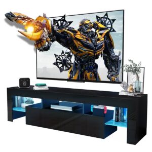 cftel black tv stand, 60 65 70 75 inch wood tv stand, high glossy entertainment center with large drawers＆glass display shelf, led modern media gaming cabinet tv console for livingroom, bedroom