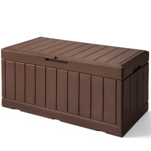 gunji 83 gallon storage box outdoor waterproof large resin deck box patio storage bench lockable storage container for outdoor cushions, garden tools and pool supplies (brown)