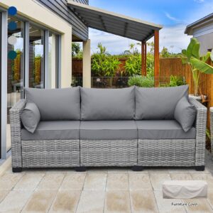 rattaner outdoor furniture outdoor couch grey wicker patio furniture 3-seat sofa deep seat hight backrest with waterproof cover and anti-slip cushions, grey