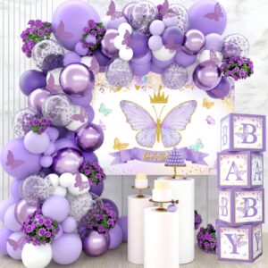 purple butterfly baby shower decorations for girl，purple balloon garland arch kit，purple butterfly baby boxes and butterfly backdrop kit for baby shower butterfly birthday lavender party decorations