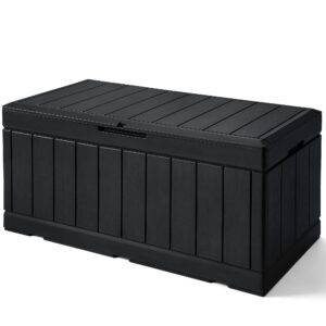 gunji 83 gallon storage box outdoor waterproof large resin deck box patio storage bench lockable storage container for outdoor cushions, garden tools and pool supplies (black)