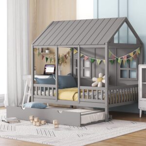 bellemave full house beds with trundle and rails wooden kids montessori bed with wall and windows wood playhouse tent bed frame for girls boys, full size, gray