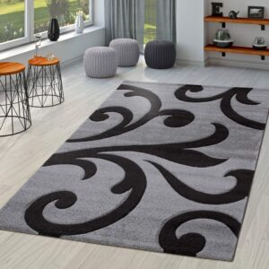 grey black area rug with contour cut and modern floral pattern, size: 6'7" x 9'6"