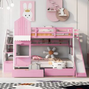 harper & bright designs full over full bunk bed with stairs and slide, solid wood bunk bed frame with storage drawers and bookshelf, for kids teens girls boys (pink)