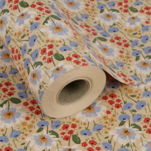 aimyoo watercolor floral kraft wrapping paper roll, all occasion vintage flower gift wrap for wedding birthday bridal shower, 17 inch x 60 ft