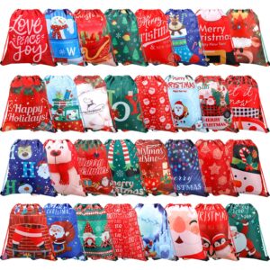 buryeah 32 pieces christmas drawstring gift bags 13.7 x 11.8'' santa treat bag assorted styles wrapping bag reusable xmas snowman tree christmas bags bulk for kids holiday party favor supplies gifts