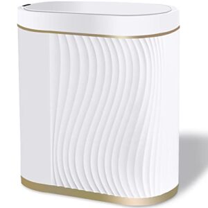 glodeals bathroom trash can with lid automatic garbage can, 2 gallon slim smart trash can, small plastic trash bin, touchless motion sensor trash can for bedroom, bathroom, office (cream/gold trim)