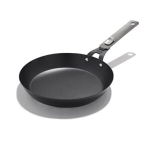 oxo outdoor pre-seasoned carbon steel 8" frying pan skillet, detachable handle for easy storage, indoor use, nonstick with use, induction suitable, oven & broiler safe,browning, grill,sear,saute,black