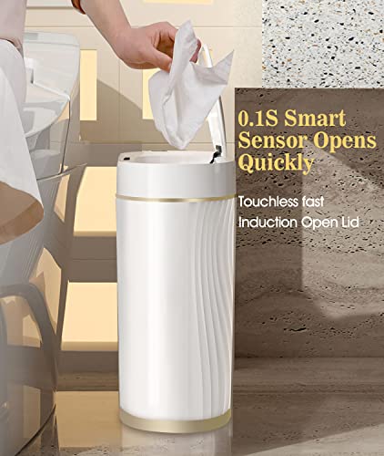 GloDeals Bathroom Trash Can with Lid Automatic Garbage Can, 2 Gallon Slim Smart Trash Can, Small Plastic Trash Bin, Touchless Motion Sensor Trash Can for Bedroom, Bathroom, Office (Cream/Gold Trim)