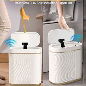 GloDeals Bathroom Trash Can with Lid Automatic Garbage Can, 2 Gallon Slim Smart Trash Can, Small Plastic Trash Bin, Touchless Motion Sensor Trash Can for Bedroom, Bathroom, Office (Cream/Gold Trim)