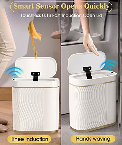 GloDeals Bathroom Trash Can with Lid Automatic Garbage Can, 2 Gallon Slim Smart Trash Can, Small Plastic Trash Bin, Touchless Motion Sensor Trash Can for Bedroom, Bathroom, Office (Cream/Gold Trim)