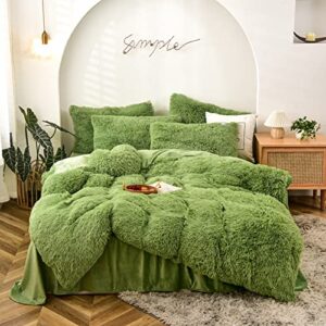 hlgbed plush shaggy duvet cover set full luxury fluffy faux fur comforter cover set ultra soft fuzzy velvet warm tie dye bedding set 3pcs (1duvet cover + 2pillowshams) green