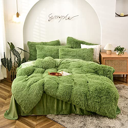 HLGBED Plush Shaggy Duvet Cover Set Full Luxury Fluffy Faux Fur Comforter Cover Set Ultra Soft Fuzzy Velvet Warm Tie Dye Bedding Set 3Pcs (1Duvet Cover + 2Pillowshams) Green