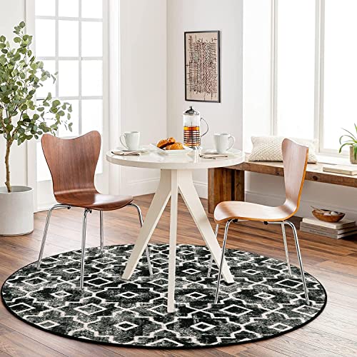 Wonnitar Moroccan Washable Round Rug 5ft Large Black Bedroom Circle Rug Non-Slip Dining Room Table Area Rug Contemporary Entryway Floor Carpet for Living Room Office Entryway (Black,5ft Round)