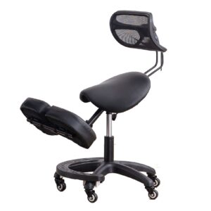 ergonomic kneeling chair with back support, wheels, adjustable saddle chair for home and office with angled seat for better posture, black