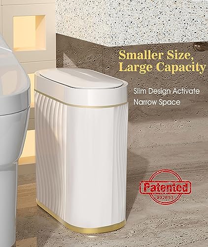 GloDeals Bathroom Trash Can with Lid Automatic Garbage Can, 2 Gallon Slim Smart Trash Can, Small Plastic Trash Bin, Touchless Motion Sensor Trash Can for Bedroom, Bathroom, Office (Cream/Gold Trim)