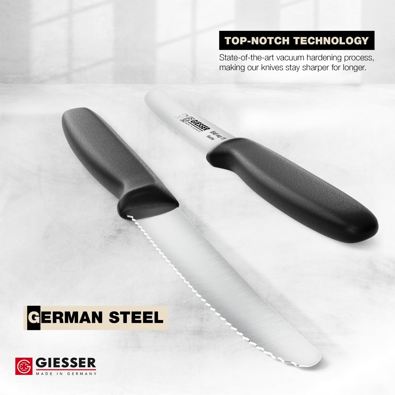 Giesser since 1776, Made in Germany, Black serrated Utility kitchen knives round tip dishwasher safe 4.5 inch - paring knife, Tomato knife, Steak knives set of 6, restaurant knife