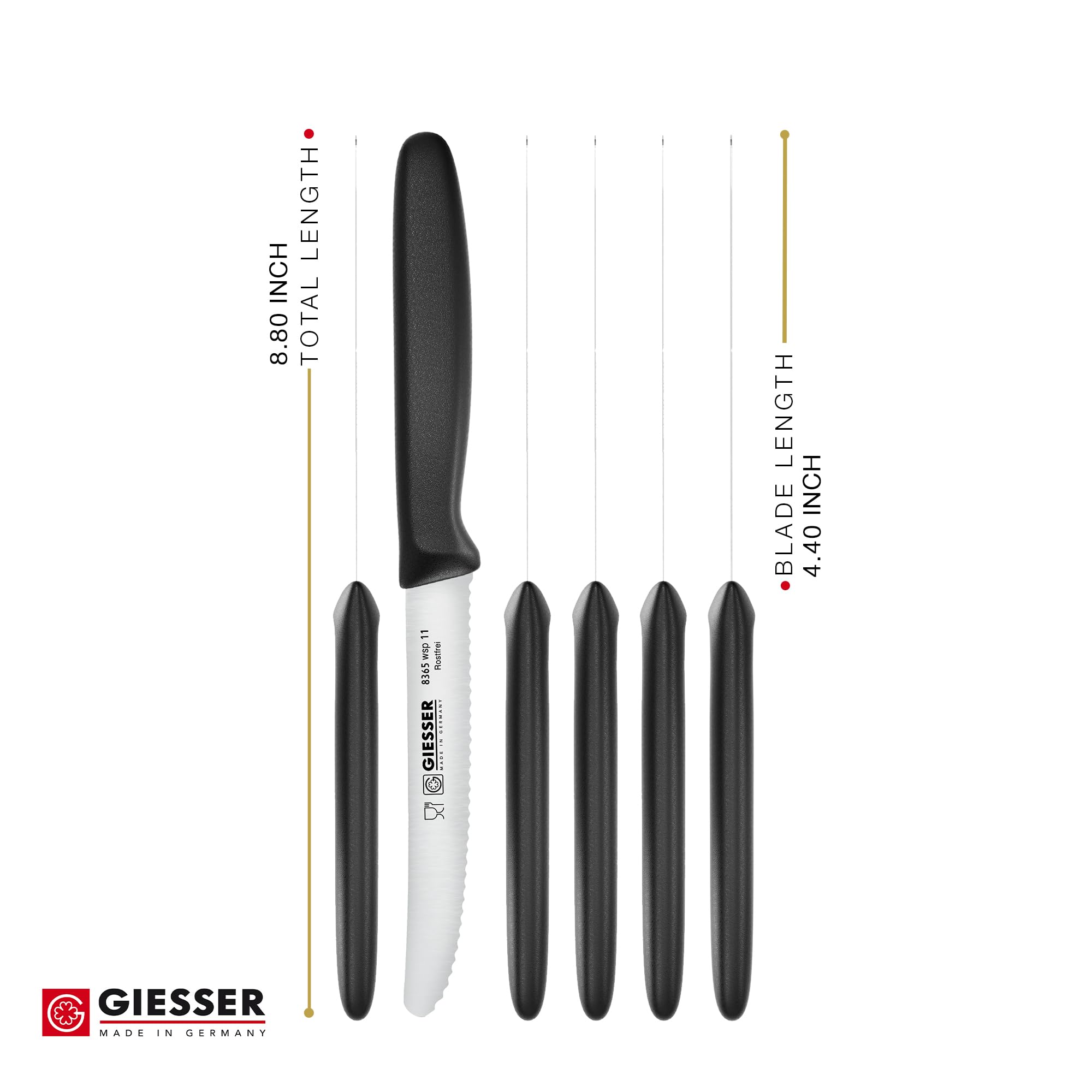 Giesser since 1776, Made in Germany, Black serrated Utility kitchen knives round tip dishwasher safe 4.5 inch - paring knife, Tomato knife, Steak knives set of 6, restaurant knife