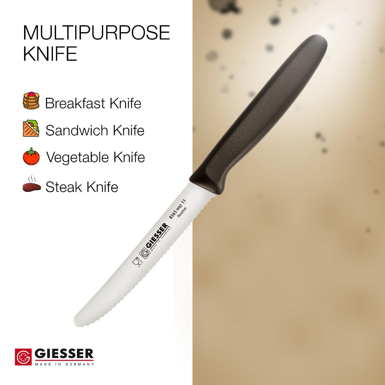 Giesser since 1776, Made in Germany, Black serrated Utility kitchen knives round tip dishwasher safe 4.5 inch - paring knife, Tomato knife, Steak knives set of 6, restaurant knife