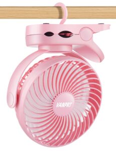 vanprt 6'' clip fan, portable clamp fan with hanging hook, 5000mah rechargeable battery fan, 3 speeds, 720° rotation, quiet, strong grip clamp, 7-30 working hours for camp stroller bed - pink