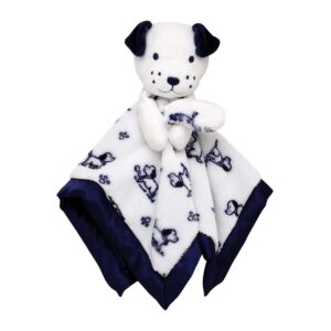 plush rattle baby snuggle blanket with embroidery and satin, blue and white little me puppy toile print, puppy toy (14 inch)