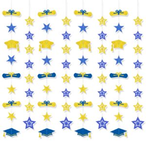 8-pack 2024 graduation party decorations - blue gold glitter backdrop with cap, diploma & star garland banner hanging decor - perfect for high school, college, and middle school graduation parties