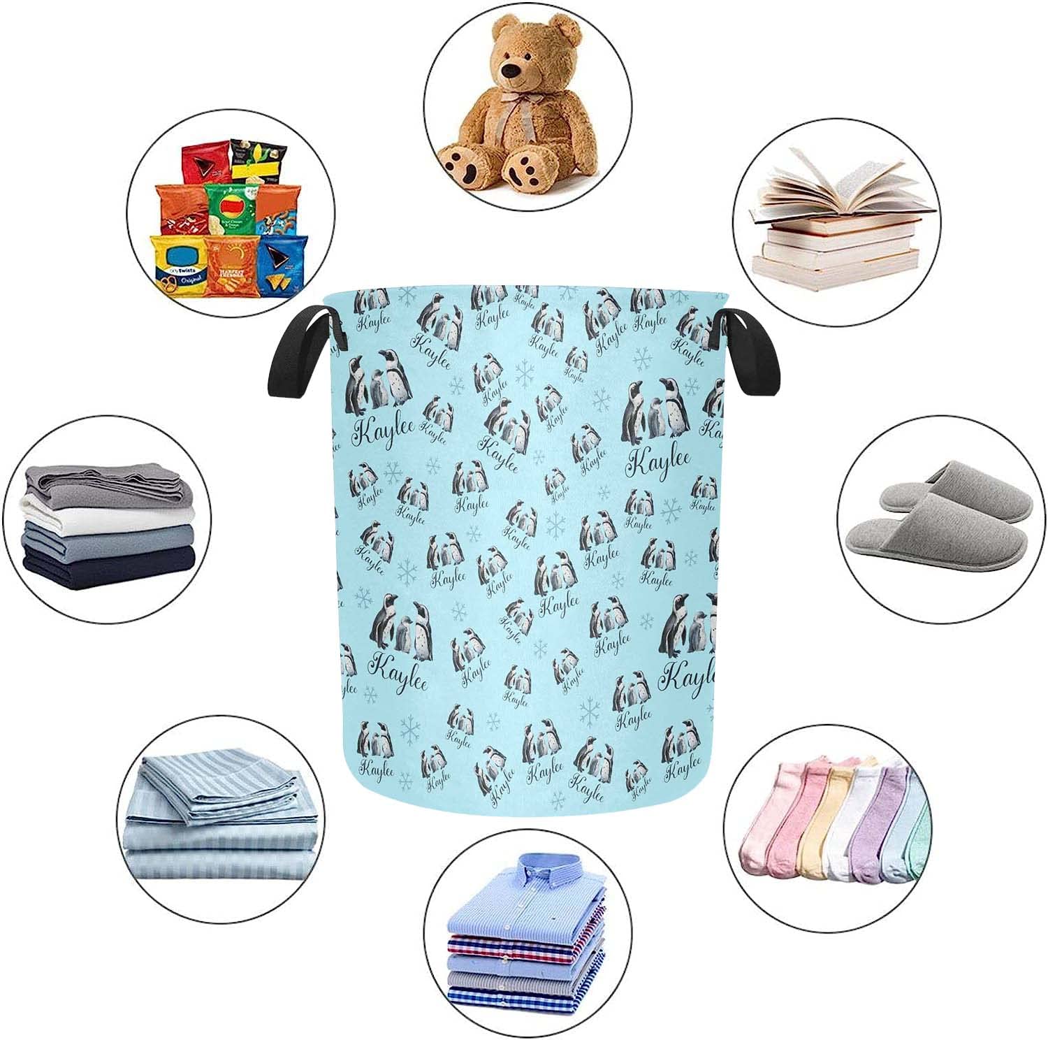 Personalized Penguin Laundry Hampers with Name/Text for Teen Boys Girls Room, Laundry Basket Dirty Clothes Hamper for Bedroom Laundry