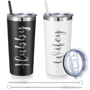 22 oz wifey and hubby travel tumbler insulated set of 2, stainless steel tumbler with slide close lid and straw wedding gifts for couple newlyweds valentine's day engagement anniversary bridal shower