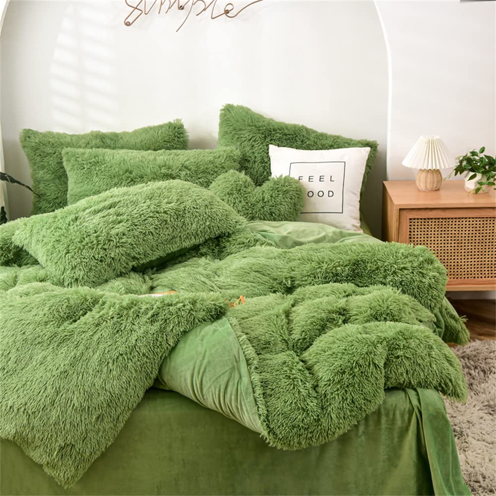 HLGBED Plush Shaggy Duvet Cover Set Full Luxury Fluffy Faux Fur Comforter Cover Set Ultra Soft Fuzzy Velvet Warm Tie Dye Bedding Set 3Pcs (1Duvet Cover + 2Pillowshams) Green