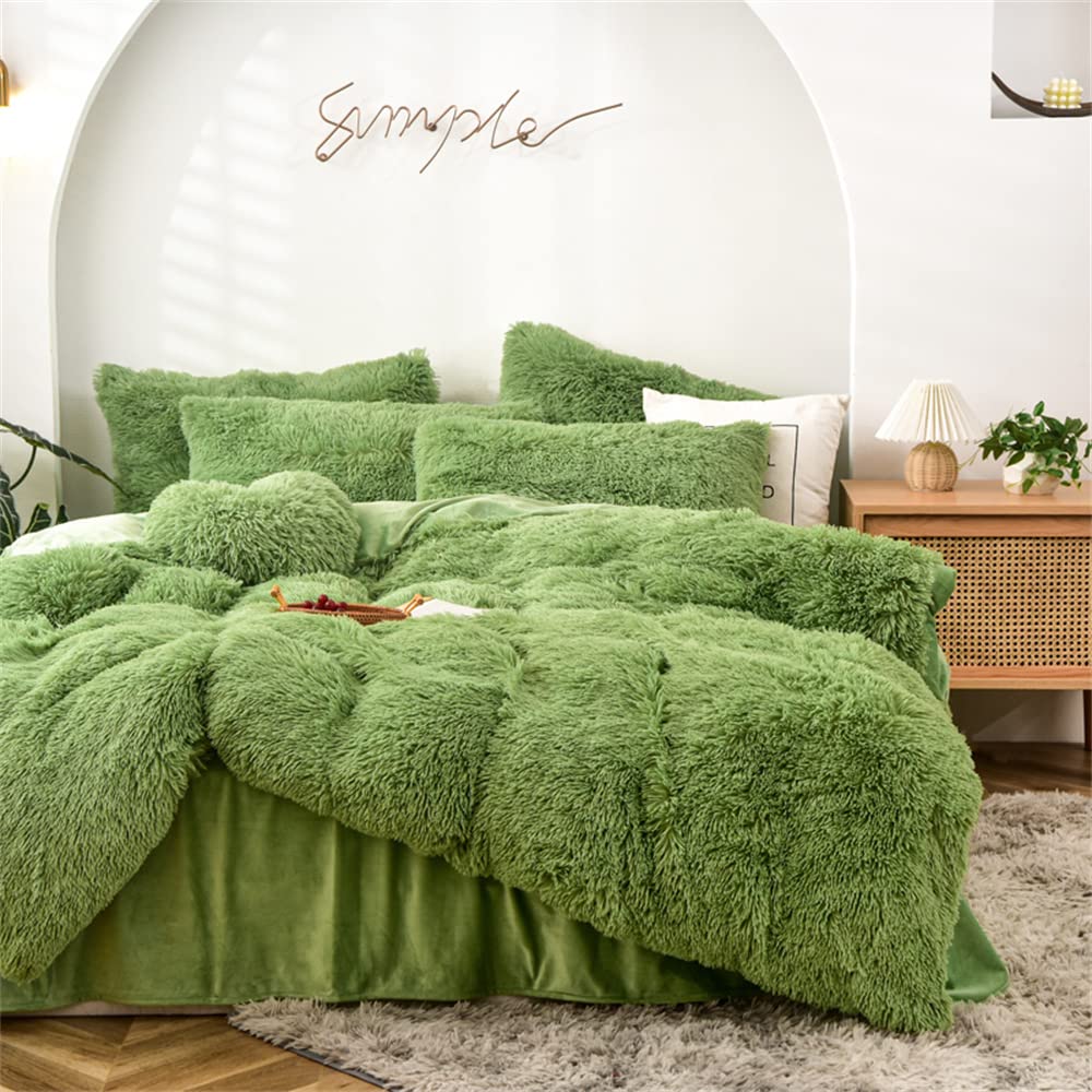 HLGBED Plush Shaggy Duvet Cover Set Full Luxury Fluffy Faux Fur Comforter Cover Set Ultra Soft Fuzzy Velvet Warm Tie Dye Bedding Set 3Pcs (1Duvet Cover + 2Pillowshams) Green