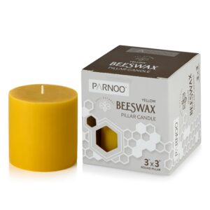 parnoo 100% natural yellow beeswax 3x9 inch pillar candle, 100 hours burn time - pack of 1 (dripless and smokless)