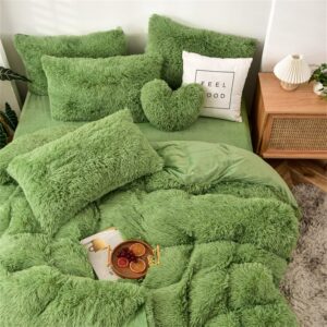 HLGBED Plush Shaggy Duvet Cover Set Full Luxury Fluffy Faux Fur Comforter Cover Set Ultra Soft Fuzzy Velvet Warm Tie Dye Bedding Set 3Pcs (1Duvet Cover + 2Pillowshams) Green