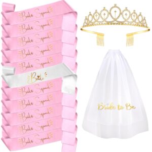 jutom 14 pcs bachelorette party bridal shower decorations kit, include bride sash bachelorette sash gold rhinestone crown wedding veils for brides bridesmaids gift wedding bachelorette party supply