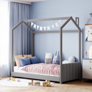 bellemave house beds twin size velvet montessori bed for kids upholstered floor bed frame with headboard & footboard for girls boys teens, gray