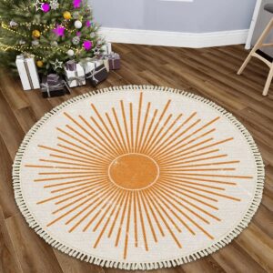 boho sun rays round rug vintage beige neutral creamy orange linen carpet farmhouse rustic hallway rugs non-slip floor mat with tassels minimalist home decor for living room bedroom patio 4 ft