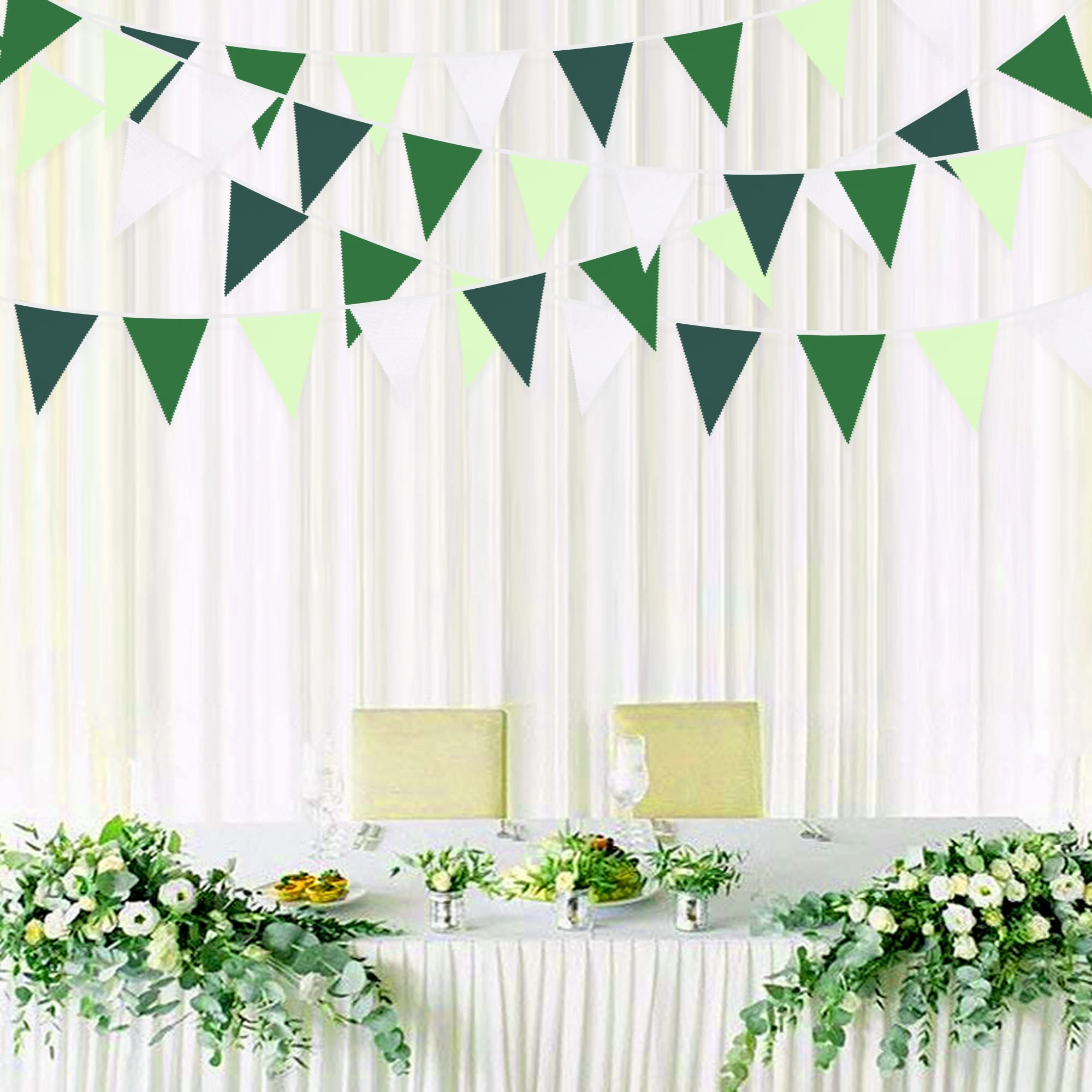 32Ft Gradient Green Banner Party Decorations Green Triangle Flag Fabric Banner Pennant Bunting Garland Streamers for Dinosaur Birthday Wedding Baby Shower Arbor Day Summer Golf Outdoor Party Decor