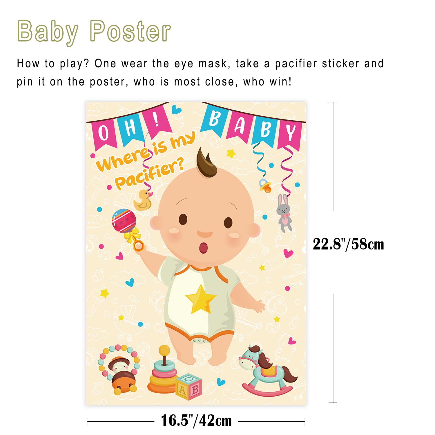 Pin The Pacifier on The Baby Poster, Party Games for Adult, Gender Reveal Decorations Cute Baby Shower Party Decorations