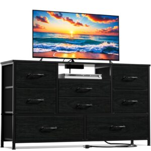 furnulem dresser tv stand with power outlet for 55'' long tv, entertainment center with 8 deep drawers,wide chest of drawer for storage in bedroom,closet,living room,hallway(black oak)