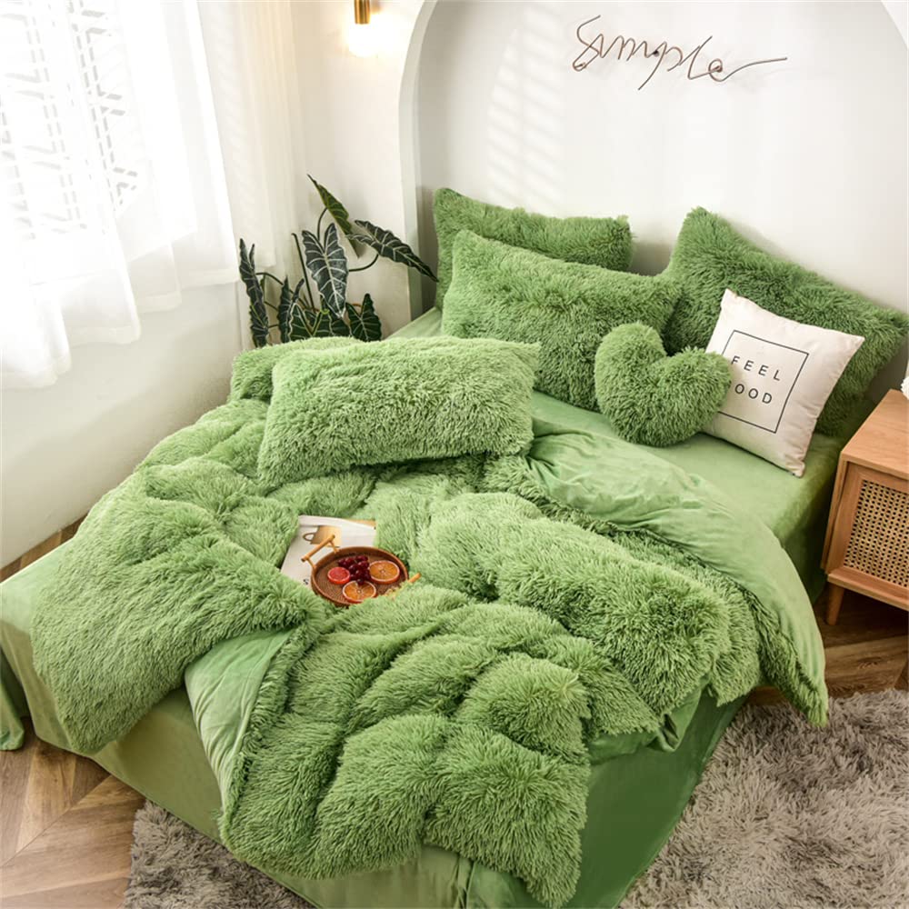 HLGBED Plush Shaggy Duvet Cover Set Full Luxury Fluffy Faux Fur Comforter Cover Set Ultra Soft Fuzzy Velvet Warm Tie Dye Bedding Set 3Pcs (1Duvet Cover + 2Pillowshams) Green