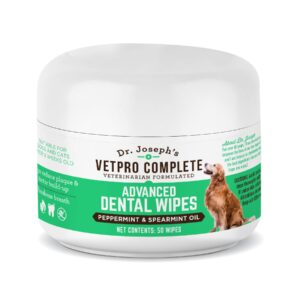 vetpro complete dr. joseph's advanced dog dental wipes, 50 count, easy teeth cleaner for dogs and cats with peppermint and spearmint, freshens breath, reduces tartar