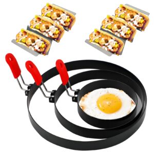 5 pcs pancake mold sets, 3 pcs egg circles for frying eggs, 2 pcs taco shell holder stand, rack holds up to 3 tacos, 4 inch 6 inch 8 inch griddle egg ring with silicone handle for breakfast sandwiches