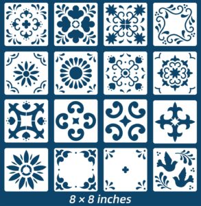 neglex 16 pack tile stencil set (8x8 inch), mexican stencil pattern, use as floor stencils or wall stencils, reusable stencils for painting floor furniture canvas, diy mexican talavera home décor