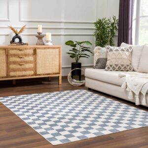 hauteloom brone contemporary checkered area rug - modern geometric bordered carpet for living room, bedroom, dining room - checkboard design - square tiles - blue, ivory - 5'3" x 7'