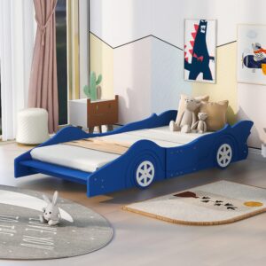 citylight twin size car beds for boys race car-shaped twin bed frame with wheels wooden kids car twin bed for boys with slat support for child's bedroom (twin,blue)